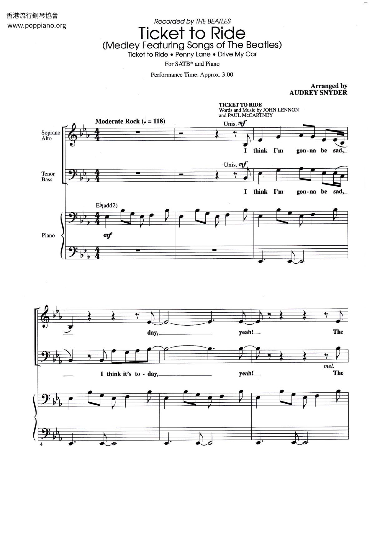 Ticket To Ride | Sheet Music | Piano Score Free PDF Download | HK Pop ...