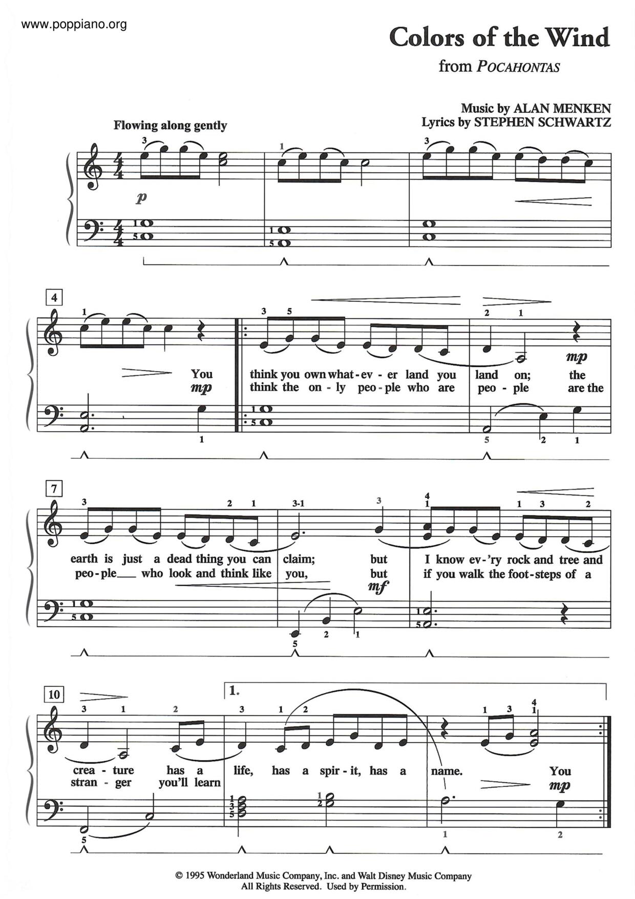 Pocahontas - Colors Of The Wind | Sheet Music | Piano Score Free PDF Download | HK Pop Piano Academy