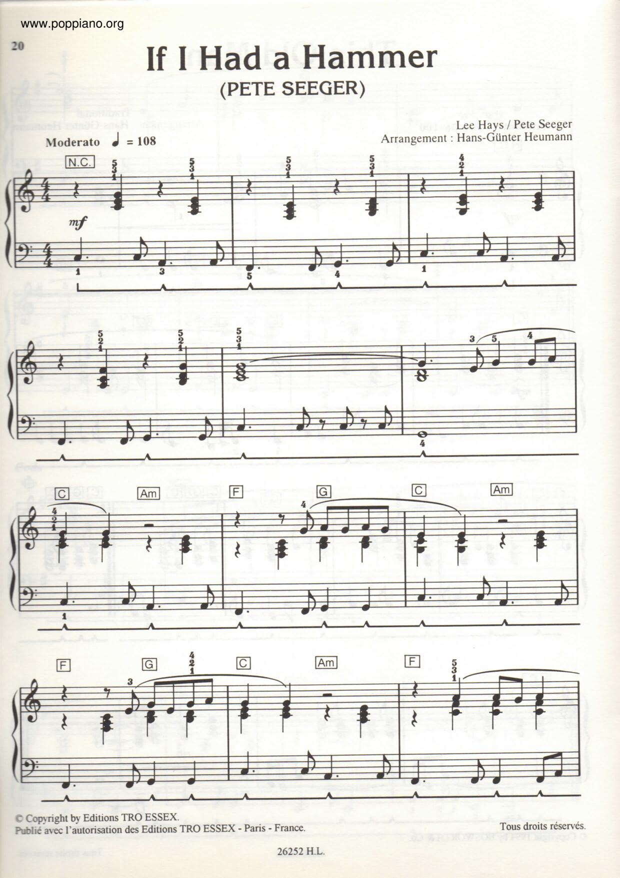 Peter, Paul And Mary-If I Had A Hammer 琴譜pdf-香港流行鋼琴協會琴譜下載 ★