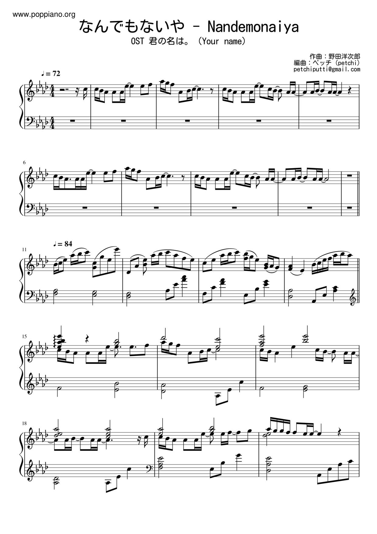 ★ 你的名字 - Nandemonaiya- PDF琴譜免費下載 | 香港流行鋼琴協會 ★