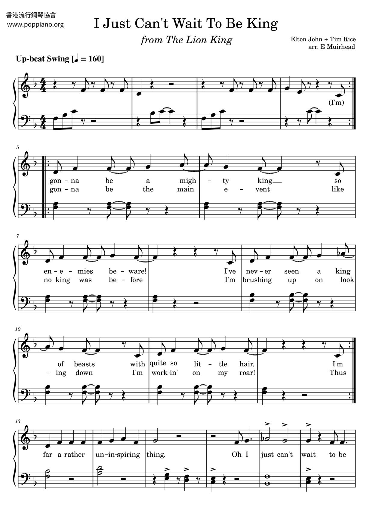 Elton John-The Lion King - I Just Can't Wait To Be King 琴譜pdf-香港流行鋼琴協會 ...