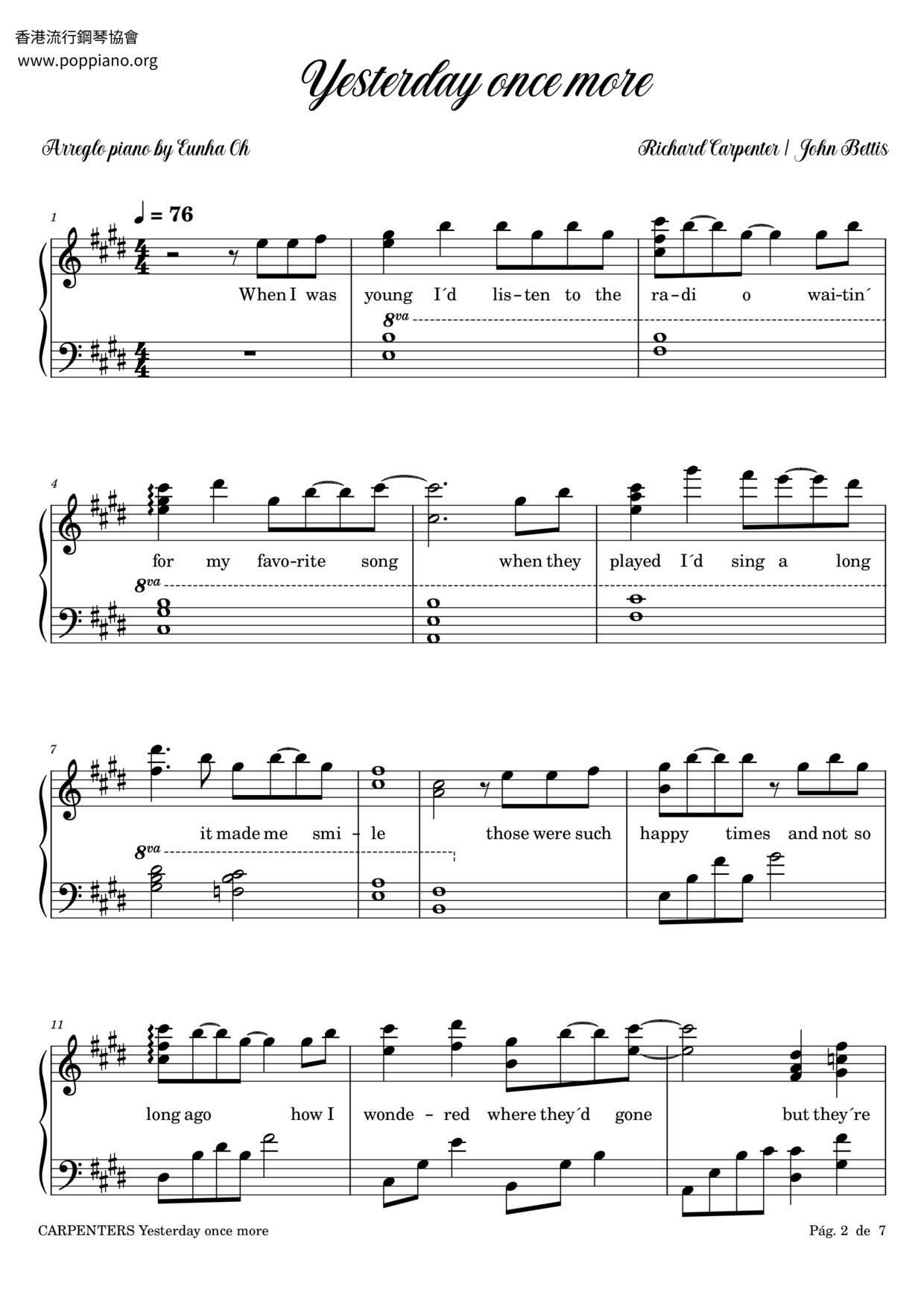 Yesterday Once MorePDF琴谱免费下载 | 香港流行钢琴协会 ★