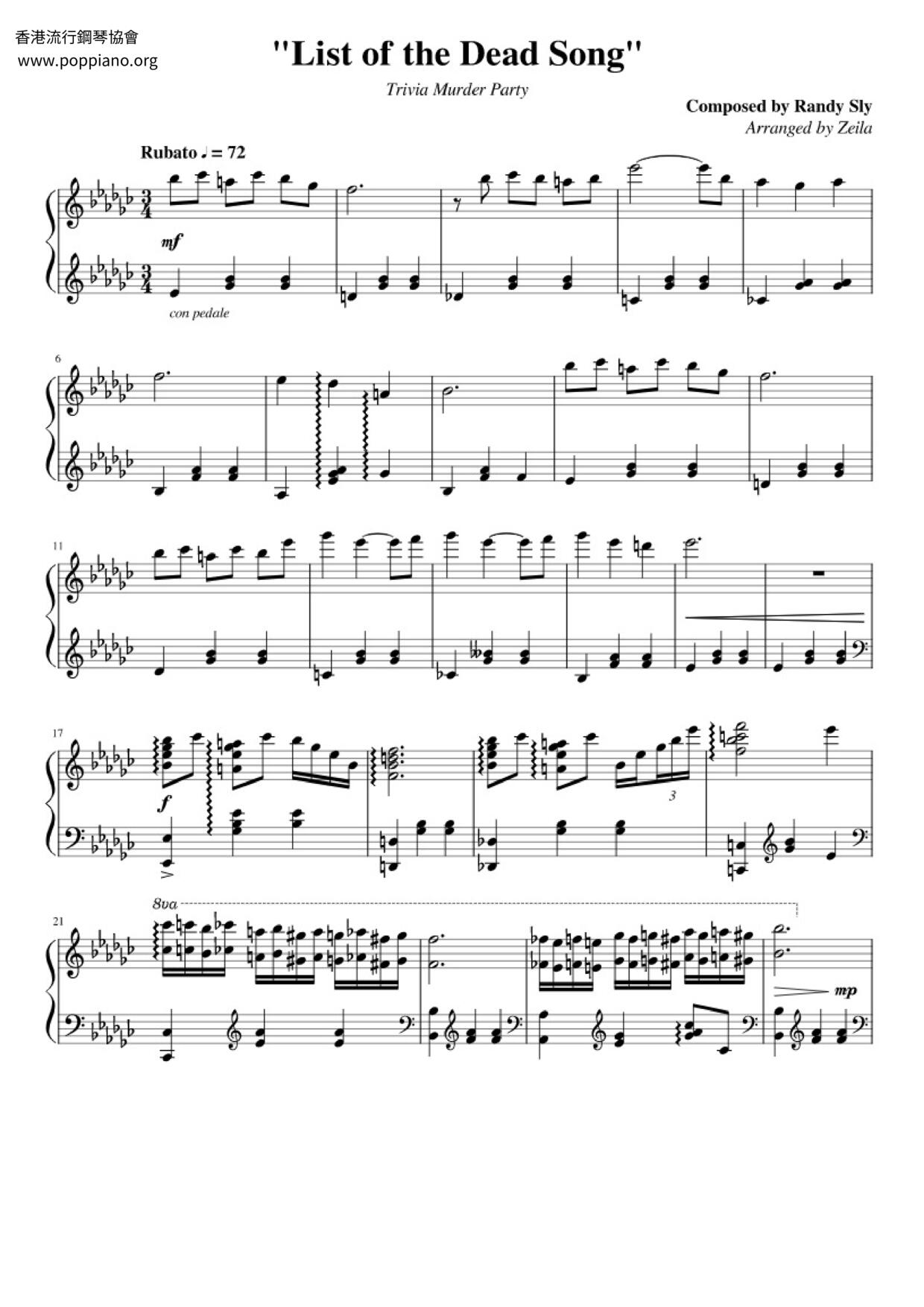 Randy Sly-List Of The Dead Song 琴譜pdf-香港流行鋼琴協會琴譜下載 ★
