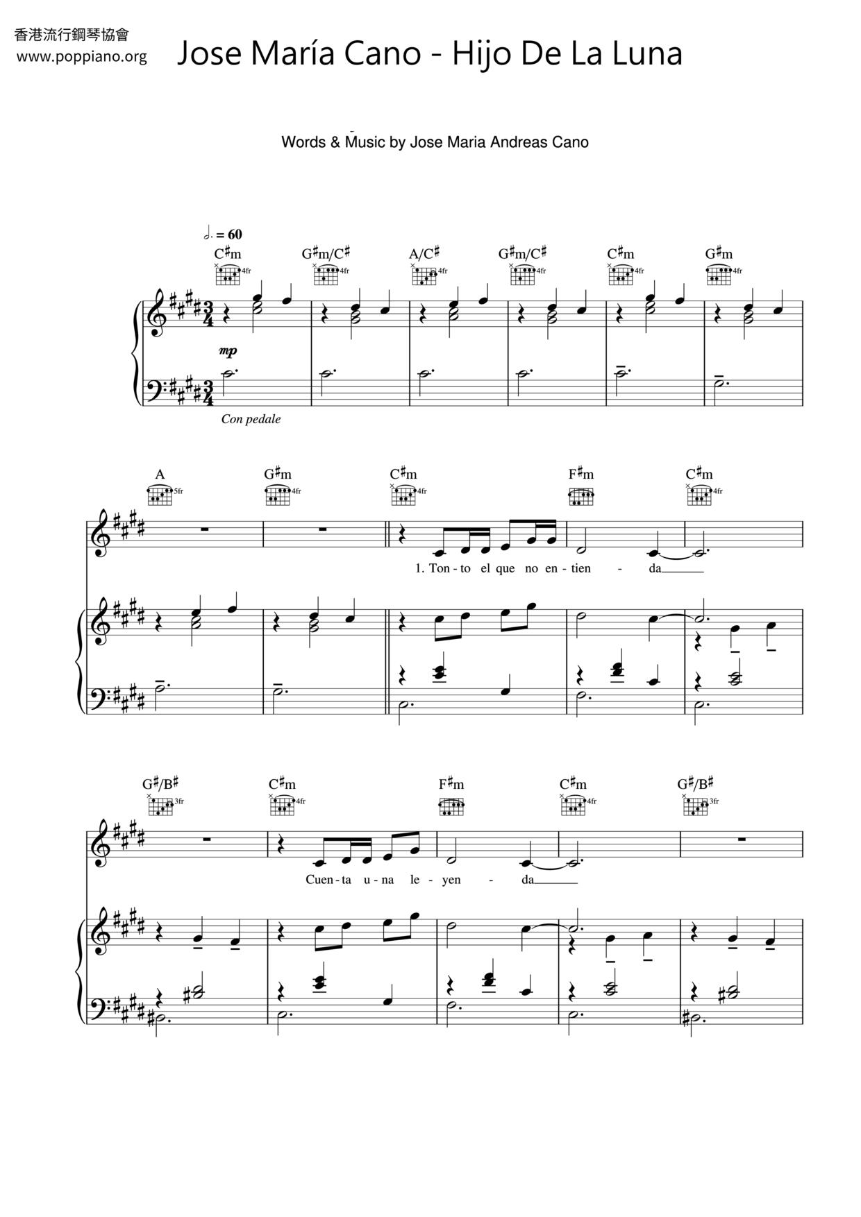 Jose María Cano-Hijo De La Luna 琴譜pdf-香港流行鋼琴協會琴譜下載 ★